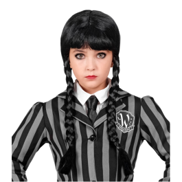 Svart peruk med flätor och lugg för barn | PartyVikings